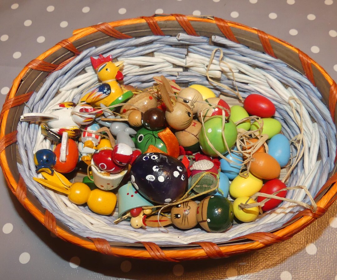 Vintage Wooden EASTER 35 Figures Colorful Easter Bush Decoration in a ...