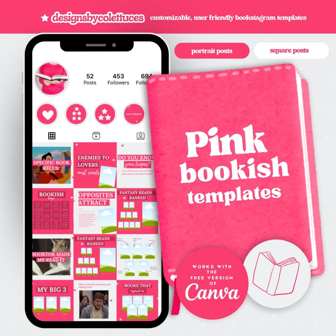 115 Pink Bookish Bookstagram Template Bundle, Bookish Reel Covers and ...