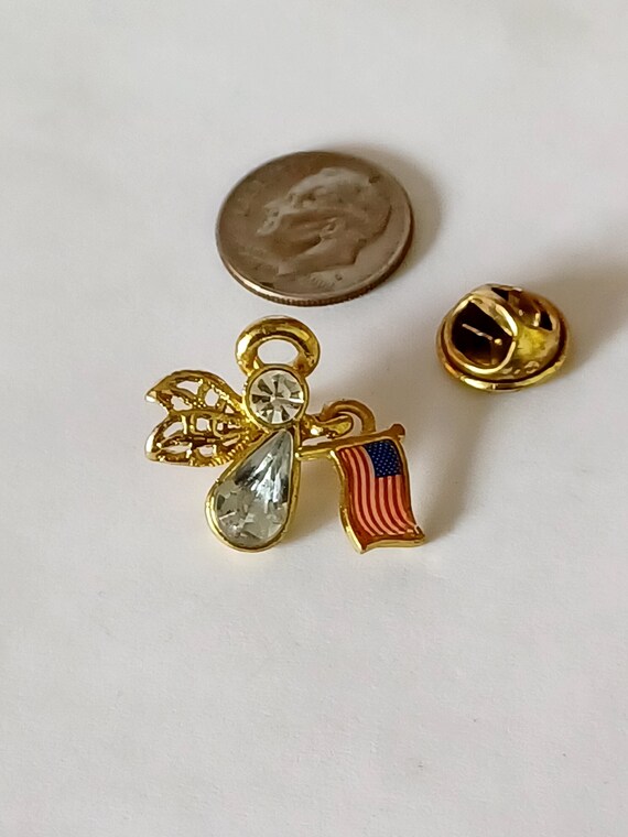 Guardian Angel Wings Halo US Flag Gold Tone Clear Rhi… - Gem