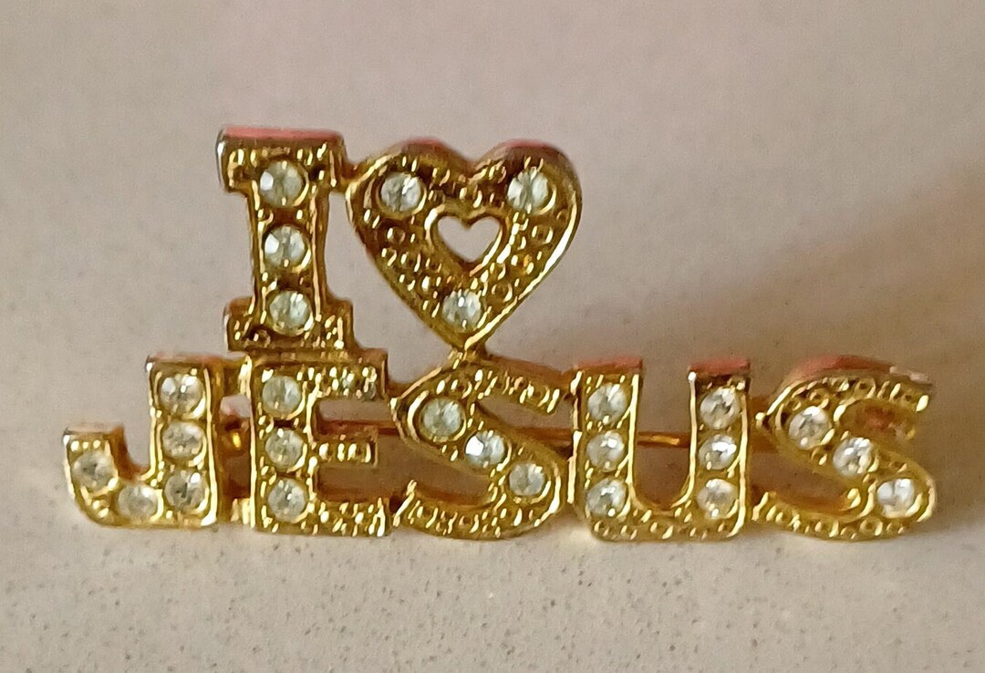 Vintage Gold Tone I Heart Love Jesus Clear Rhinestone Made in the USA ...