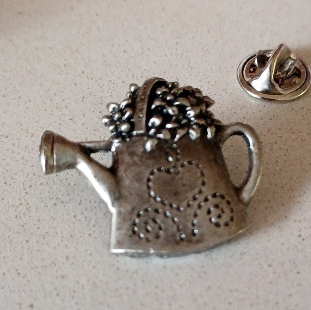 Vintage Silver Tone Pewter Tone Watering Can Garden Lapel Hat Tie Pin ...