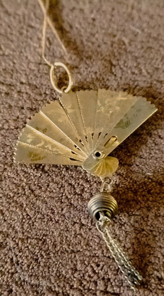 Vintage Asian Theme Articulated Folding Fan 14k Italy… - Gem