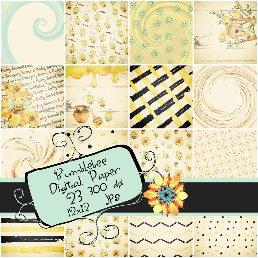 Bumblebee Digital Paper, Vintage Honeybee Paper, Cute Bee Scrapbook ...