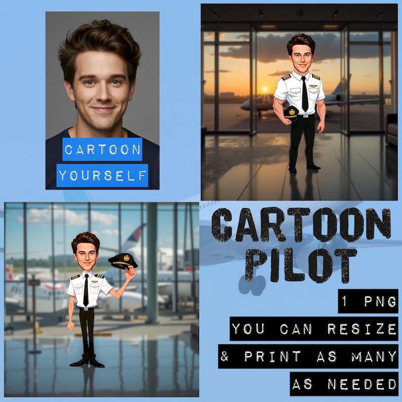 Personalized Pilot Face Cupcake Toppers, Airplane Birthday (digital ...