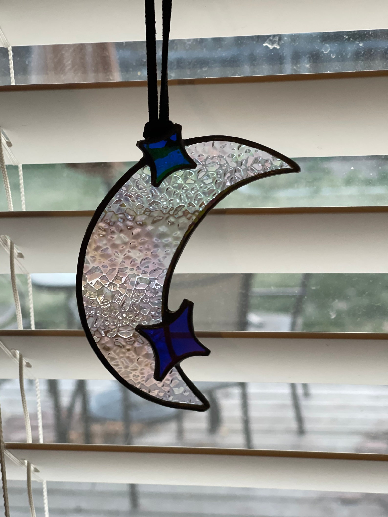 Iridescent Stained Glass Moon With Royal Blue Iridescent Glass Stars ...