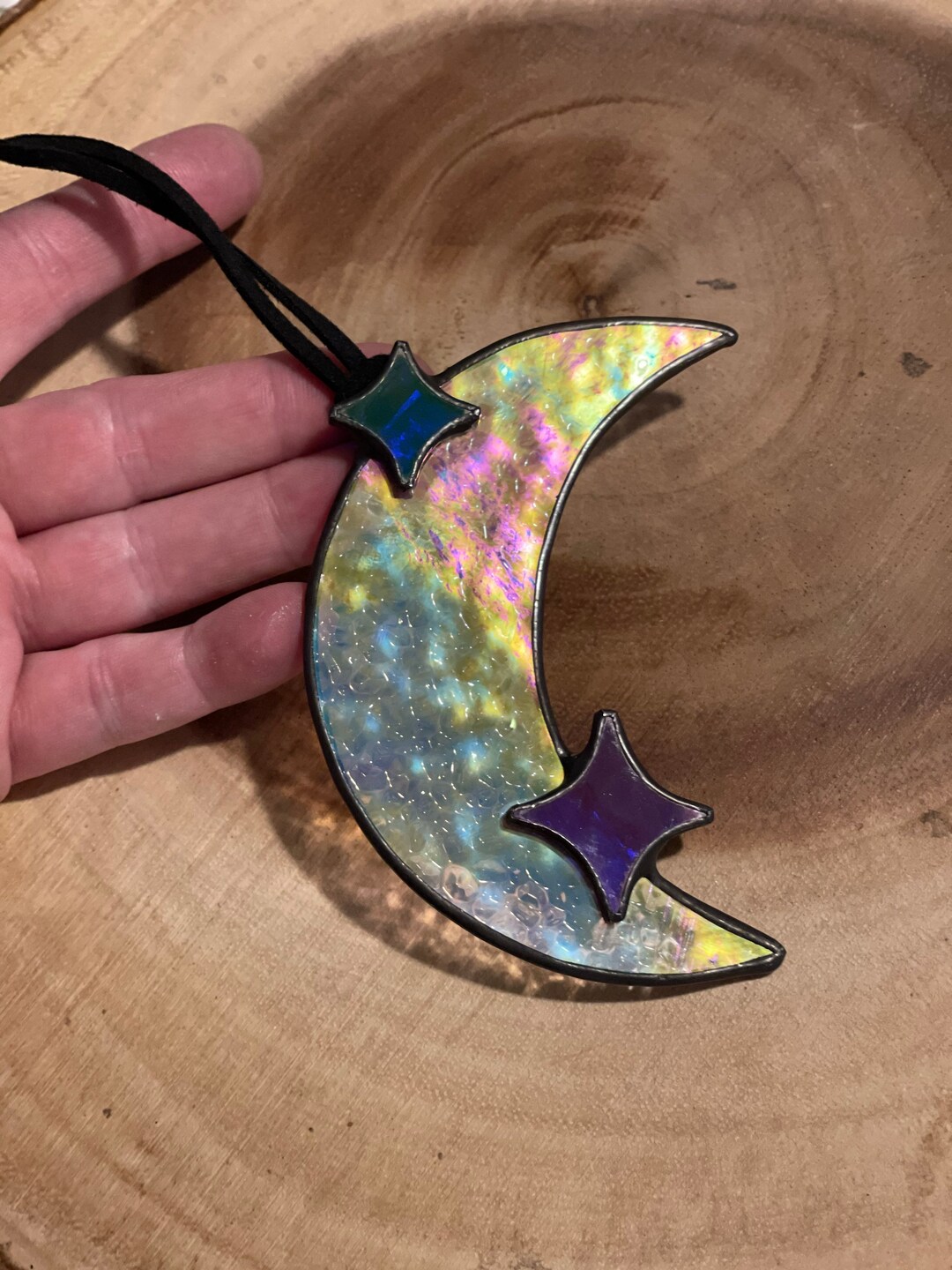 Iridescent Stained Glass Moon With Royal Blue Iridescent Glass Stars ...