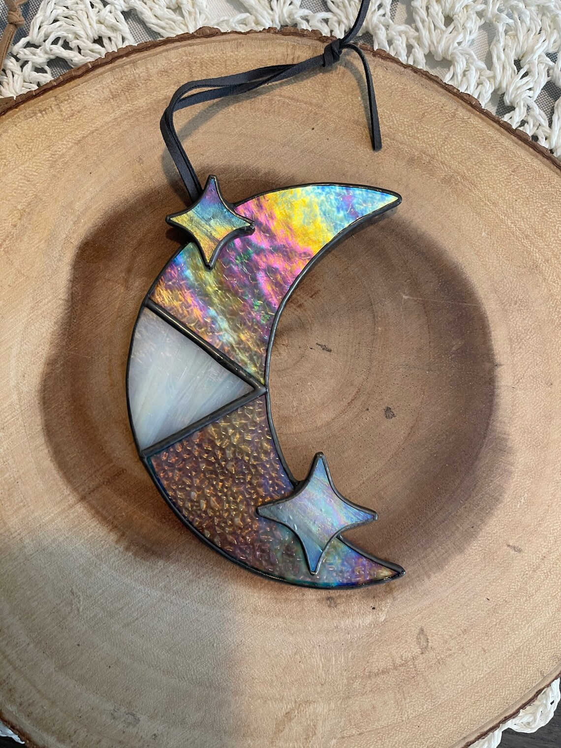 5 1/2 Inch Iridescent Stained Glass Moon With Stars Stained - Etsy