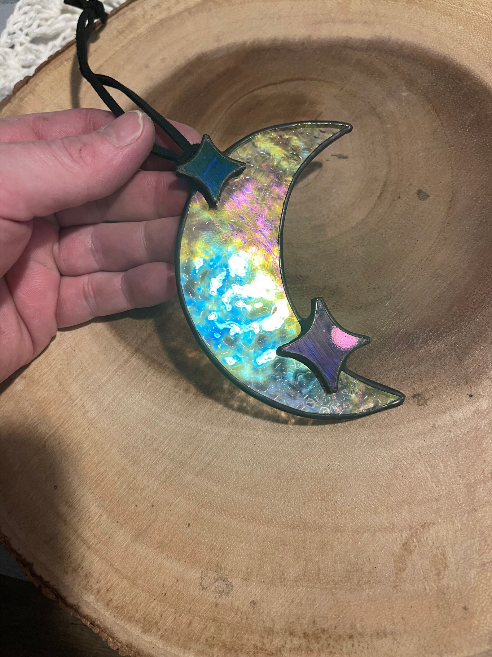 Iridescent Stained Glass Moon With Royal Blue Iridescent Glass Stars ...