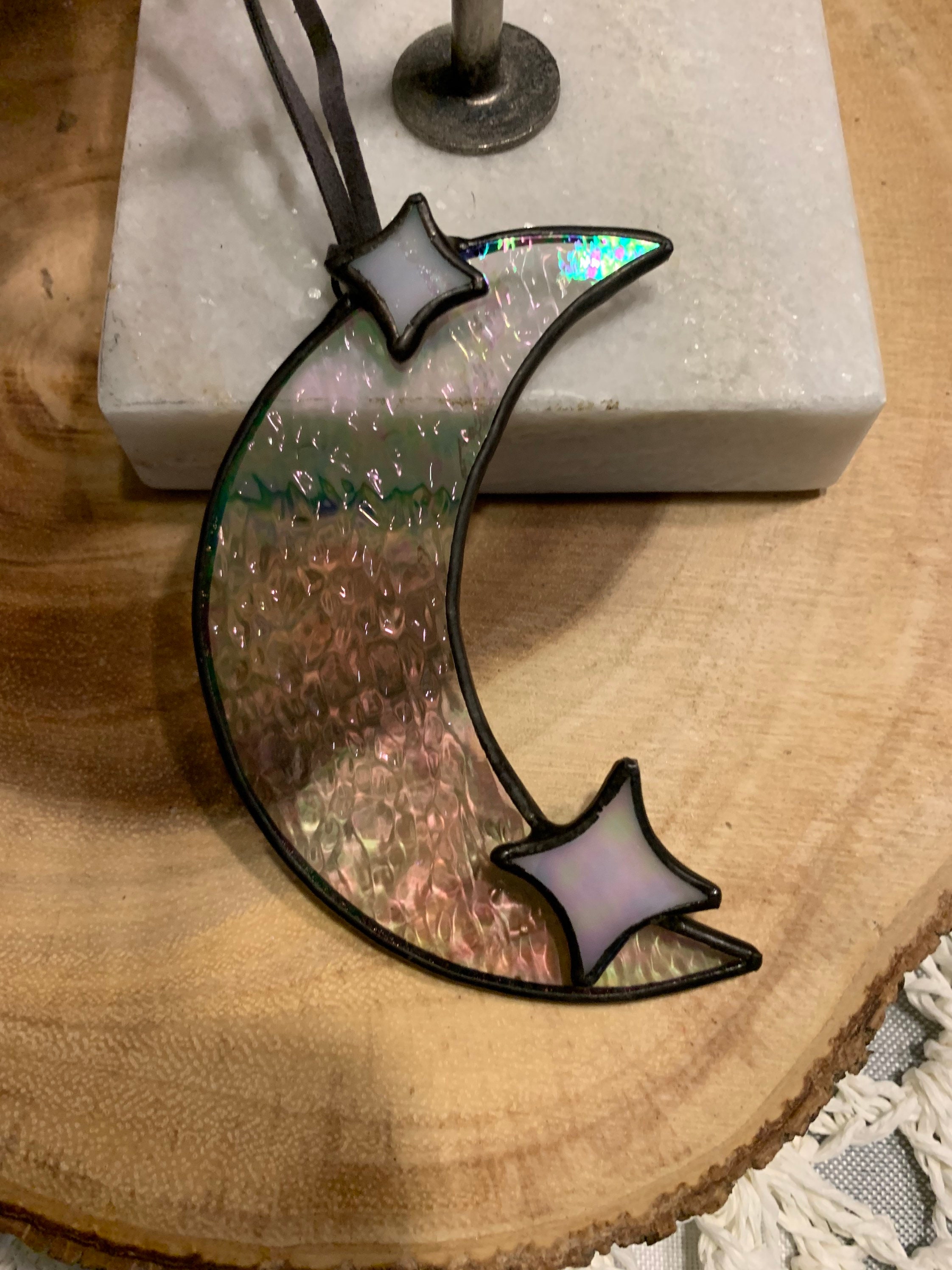 Iridescent Stained Glass Moon With Stars, Stained Glass Moon, Gift Idea ...