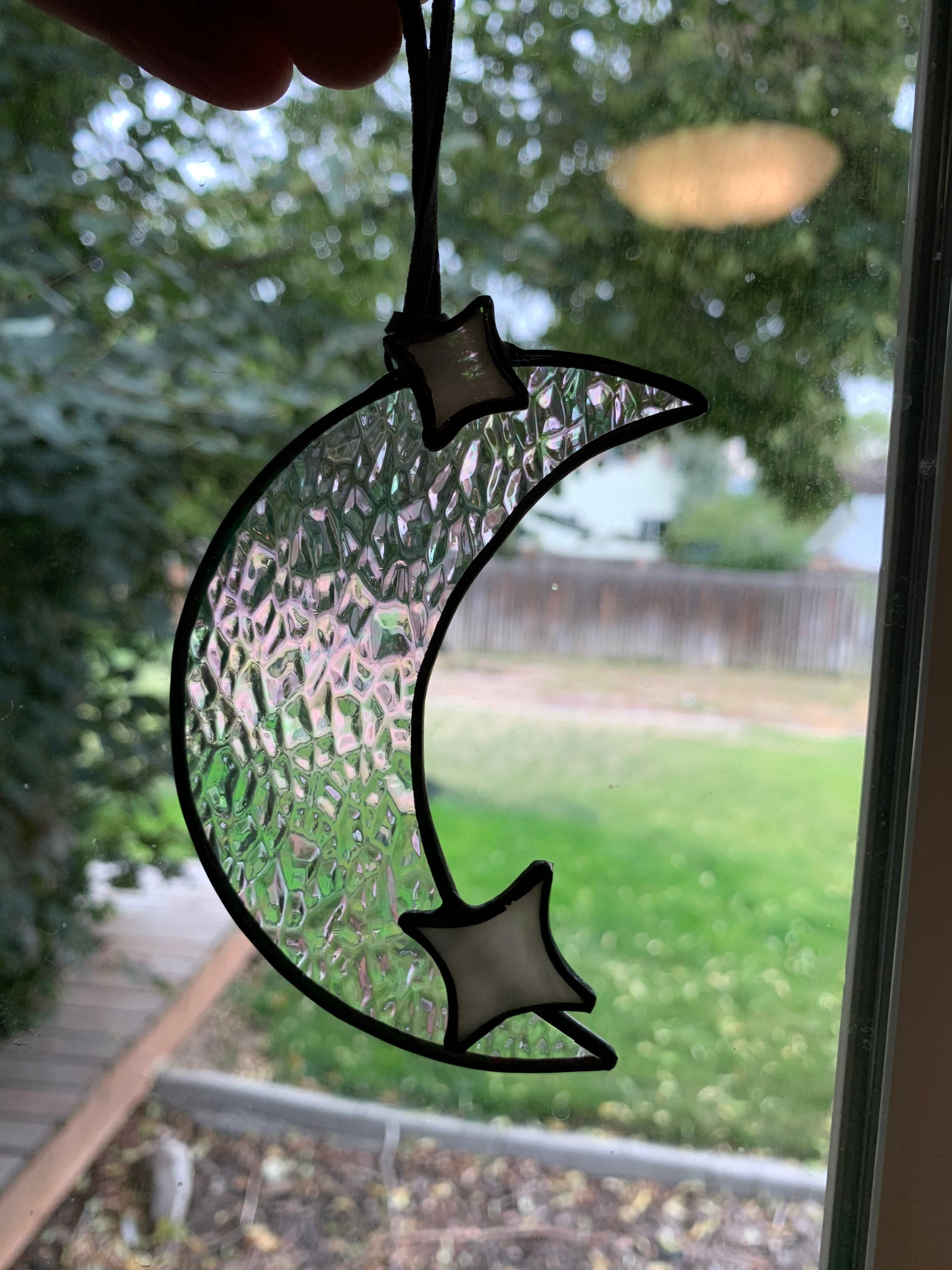 Iridescent Stained Glass Moon With Stars Stained Glass Moon - Etsy