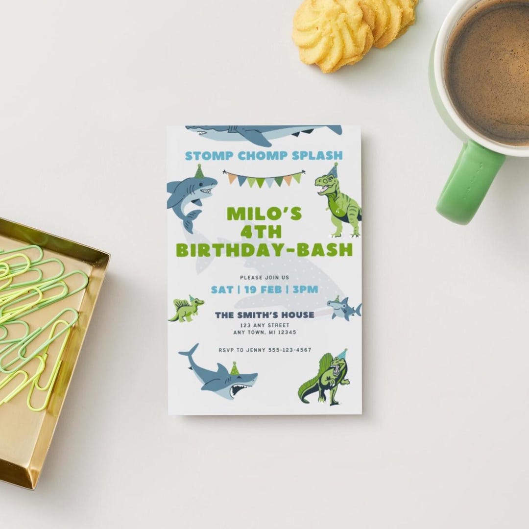 Dino Shark Party Invitation Template: Stomp Chomp Splash Birthday-bash ...