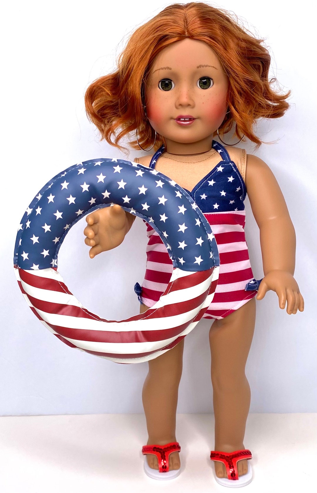 18 Doll Bathing Suit, Flip Flops, Swim Ring American Flag Colors Design ...