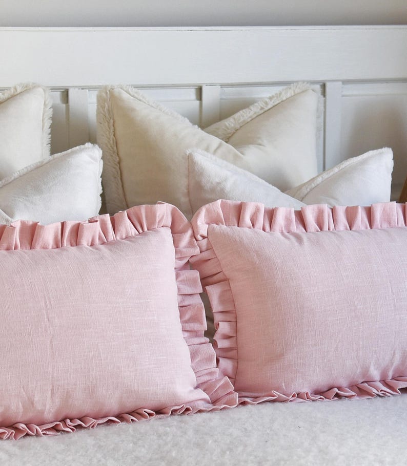 Pink Linen Ruffle Cushion Cover Lumbar Bedroom Linen Ruffle Pillow ...