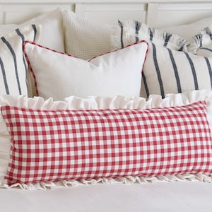 Red Gingham Lumbar Ruffle Cushion Cover Extra Large Bolster Ruffle ...