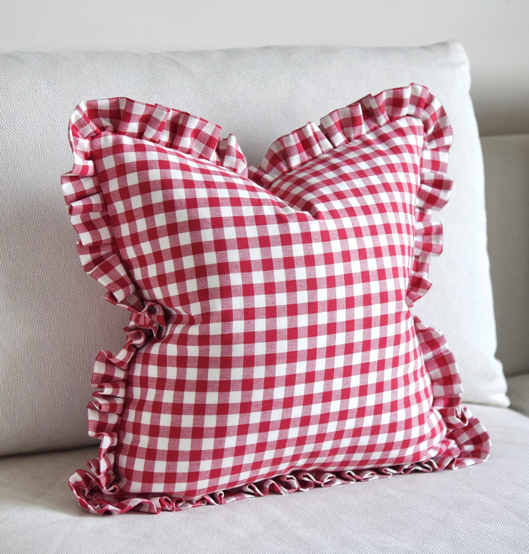 Red Gingham Ruffle Cushion Cover Red White Ruffle Pillow Custom Size ...