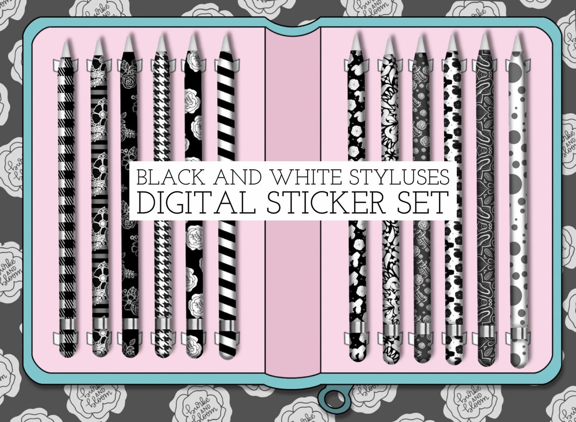 Black and White Styluses Digital Sticker Set Pencil Stickers | Etsy
