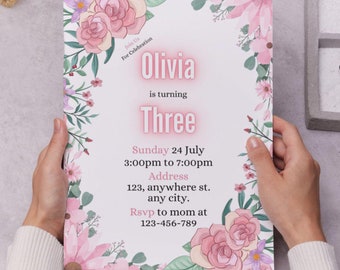 Floral Birthday Invitation | Printable Boho Flower Party Invite | Girl ...