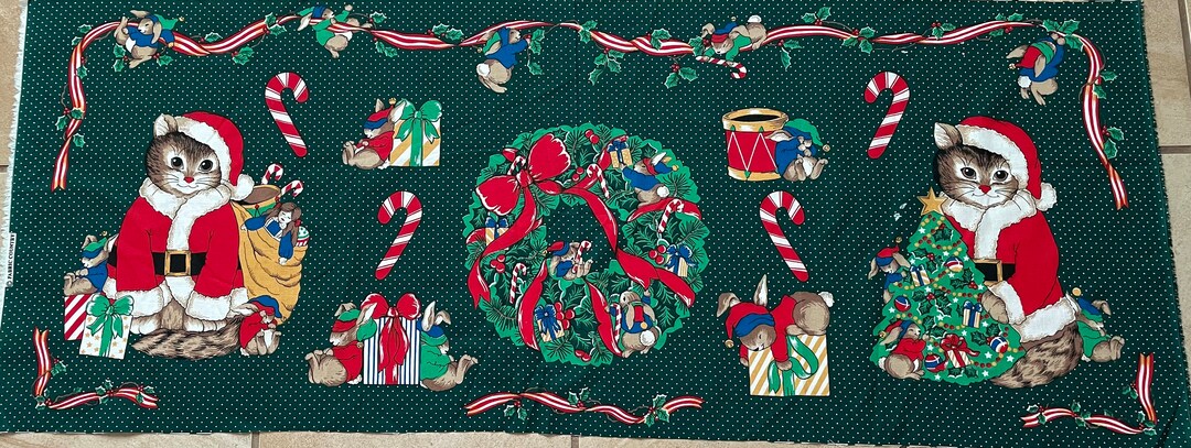 Vintage Christmas Kitty Cat Fabric Panel - Etsy