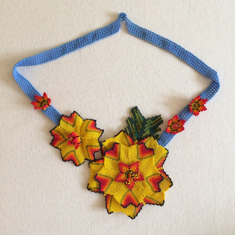 Mexican Huichol Art Yellow Orange Green Flower Motif Necklace Etsy