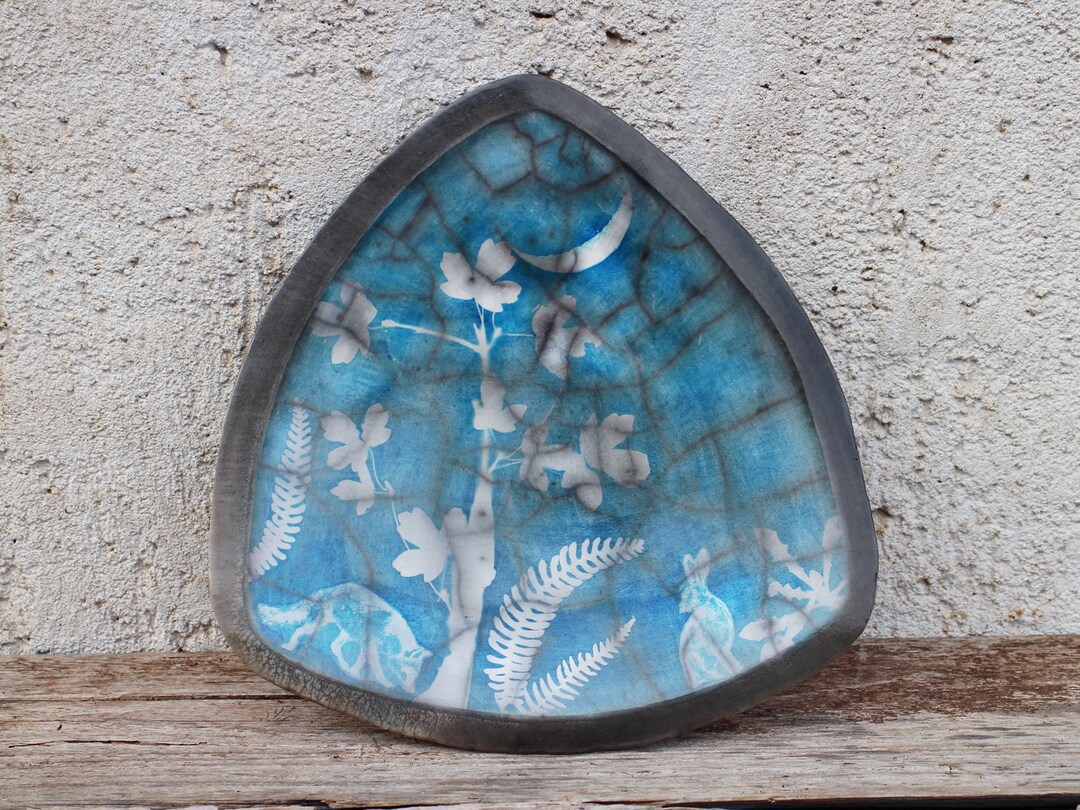 Bowl fox and Rabbit Raku With Cyanotype - Etsy