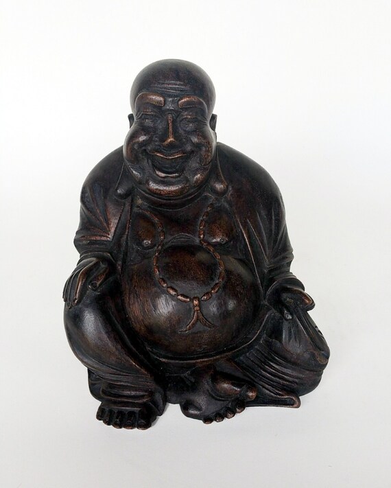 Figurines Sculpture Wooden Buddha Vintage Carved Solid Wood Laughing ...
