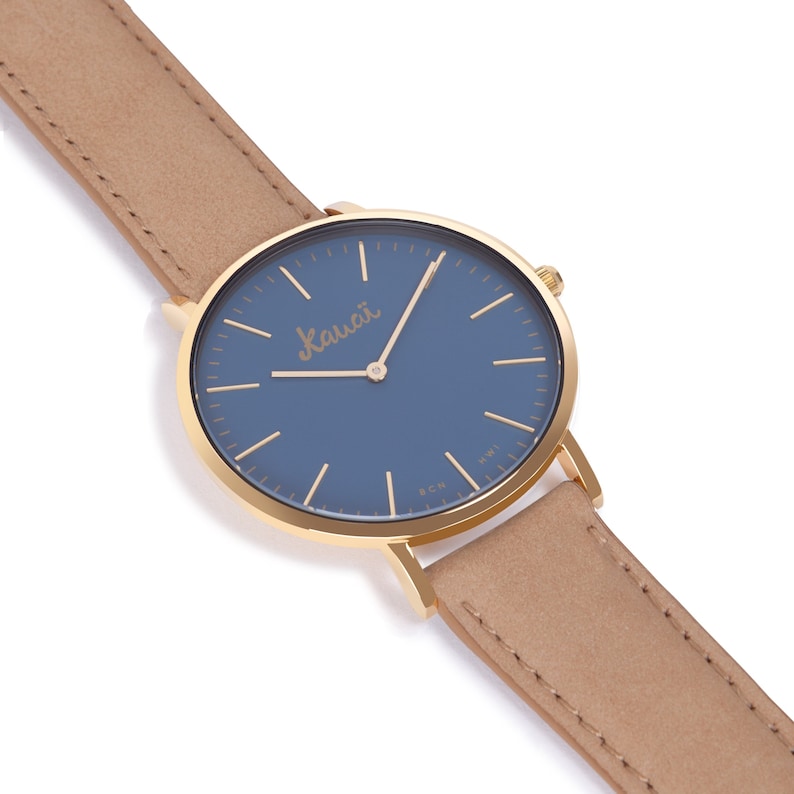 Blue Watch Men and Woman | Beige Leather Strap | 38mm With Gold Case ...