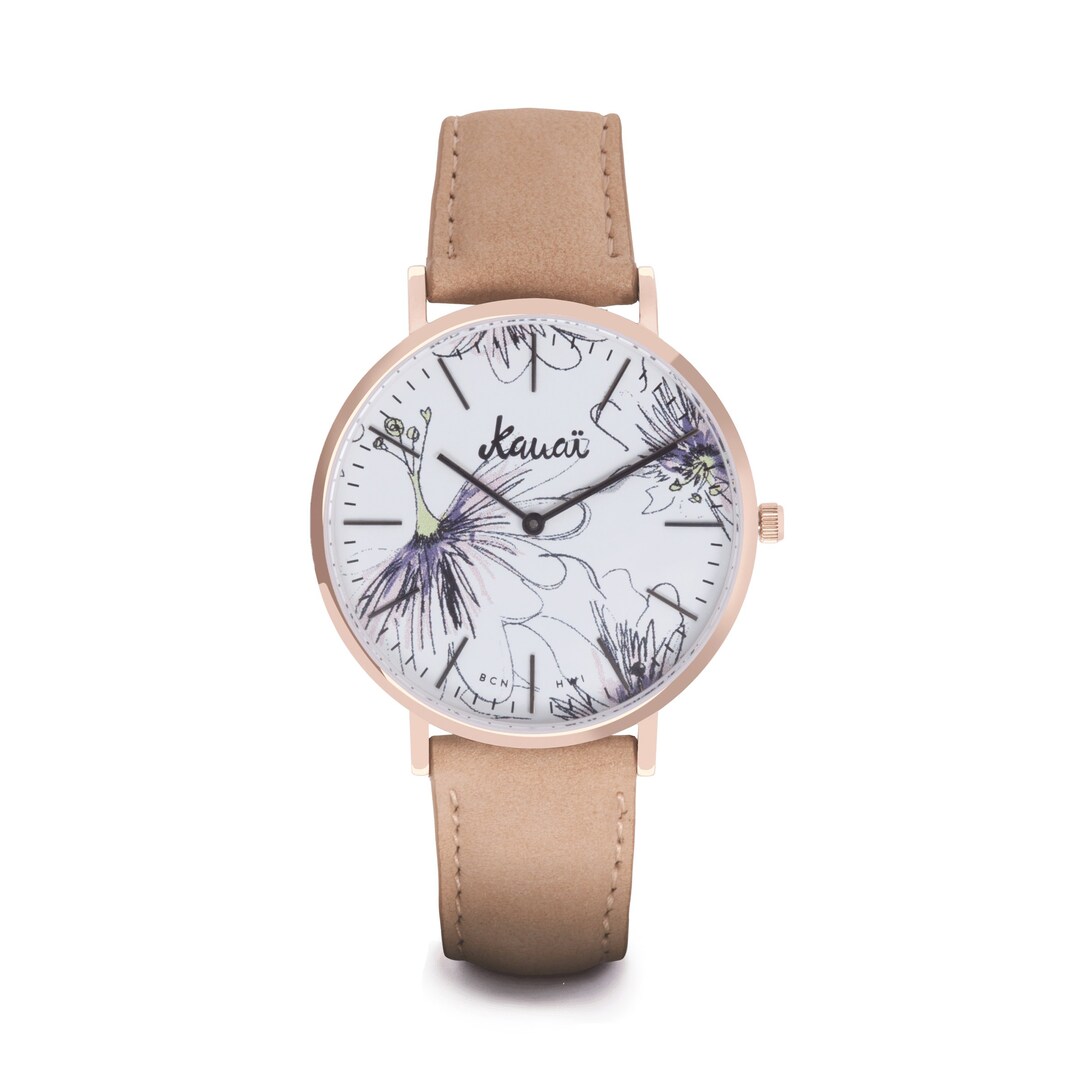 Womens Watch With Flower Pattern | Rose Gold Steel Case and Beige ...