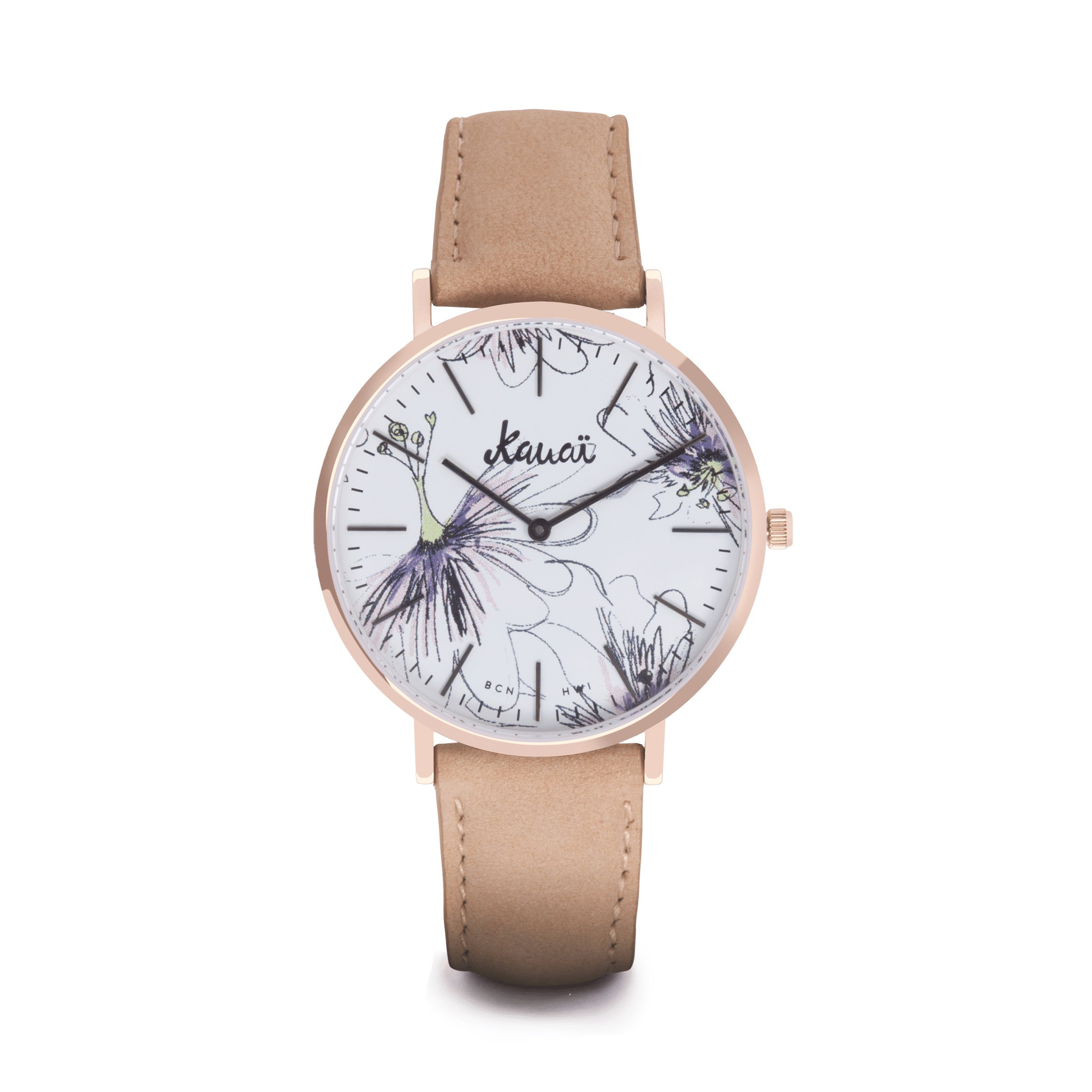 Womens Watch With Flower Pattern Rose Gold Steel Case and Beige Leather ...