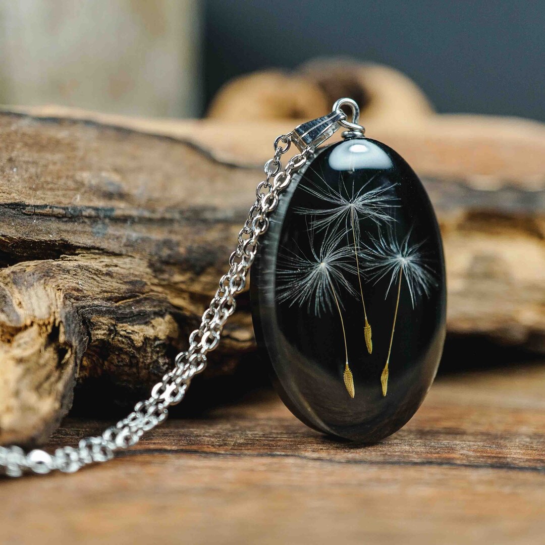 Oval Black Dandelion Necklace With Real Dandelions, Gift for Valentine ...