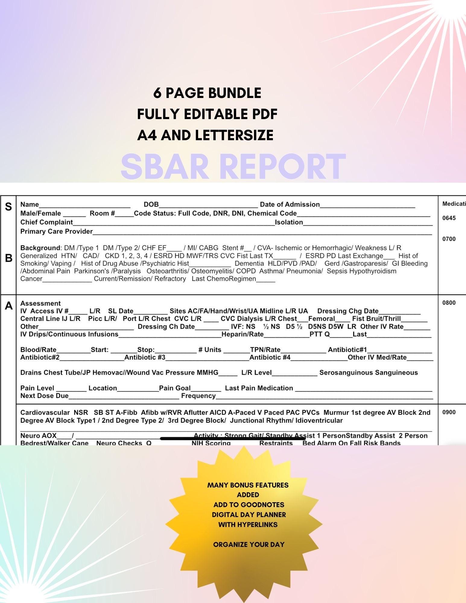 RN Nursing LVN Cna SBAR Nurse Templates 6 Dayshift or Night. 100 Time ...