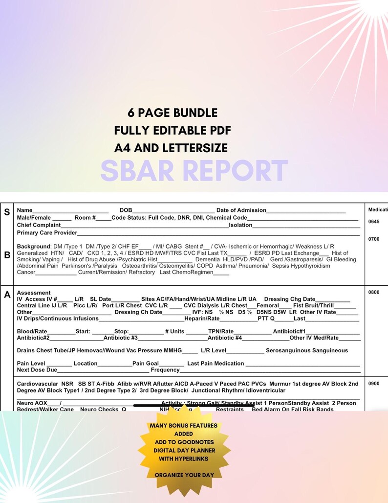 RN Nursing LVN Cna SBAR Nurse Templates 6 Dayshift or Night. 100 Time ...