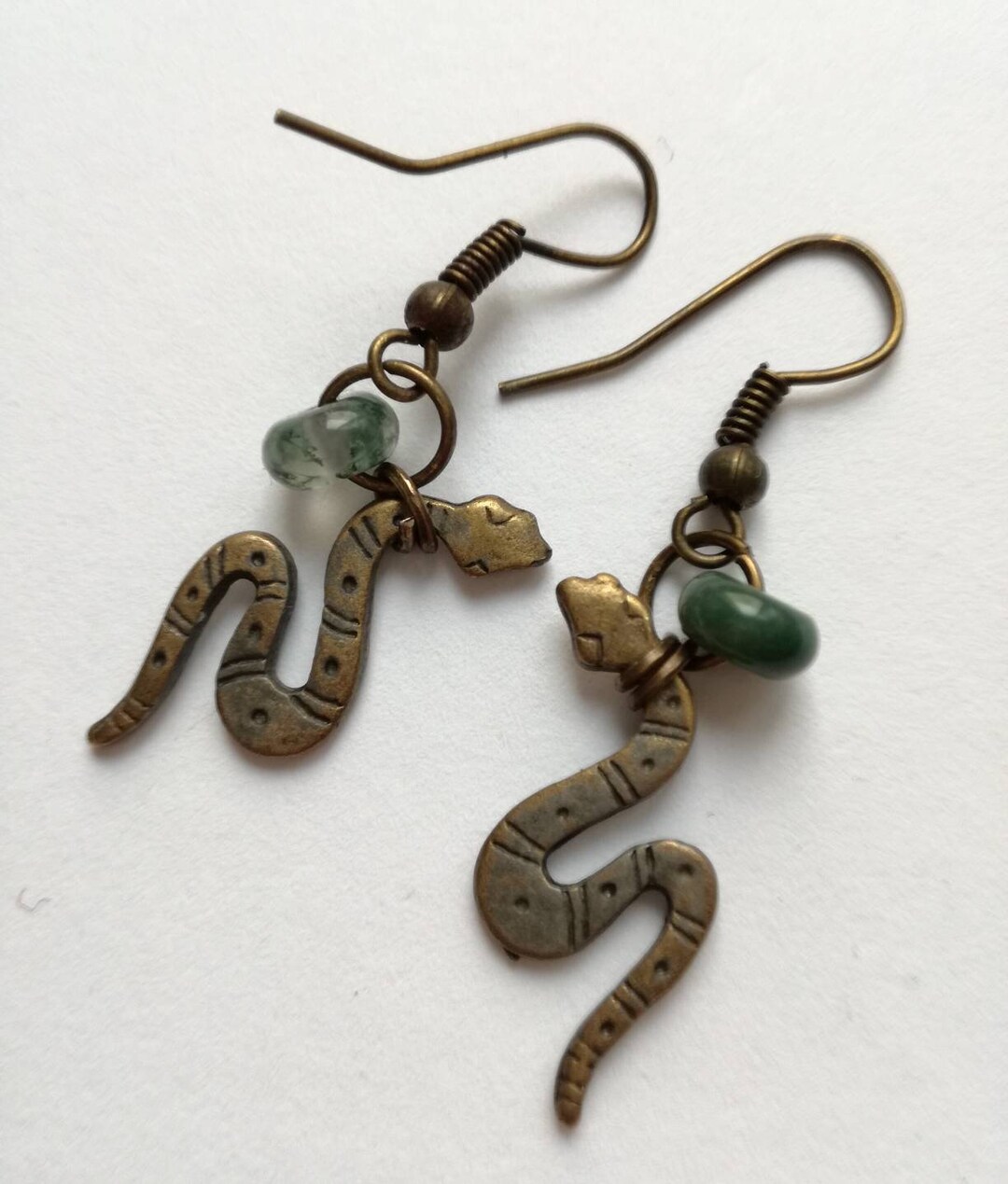 Roman Snake Earrings, Bronze Serpent Amulets, Green Agate Rondelles ...