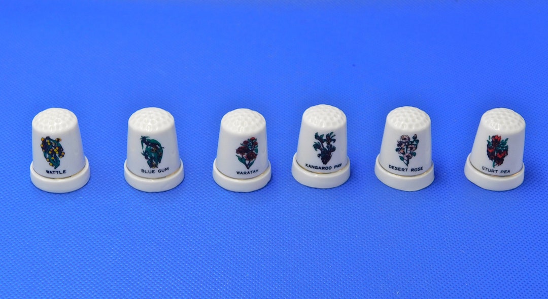 Vintage Set of Six Ceramic Thimbles Featuring Native Flowers of ...