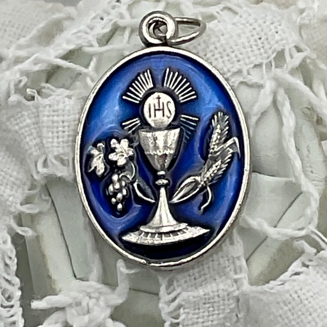 Vintage Italian Holy Communion Medal Pendant Deep Blue Enamel With ...
