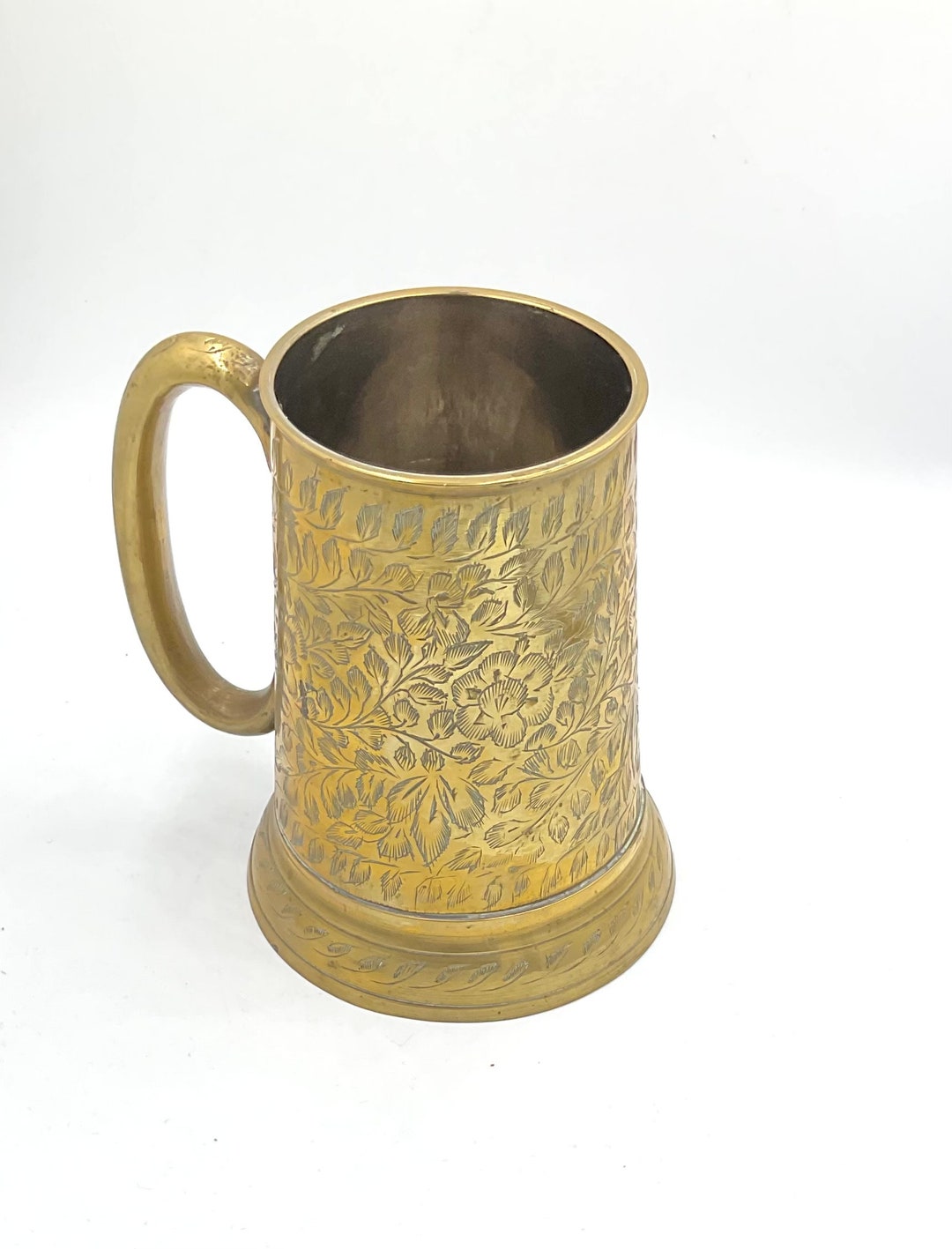 Vintage Brass Etched Tankard With Glass Bottom - Etsy