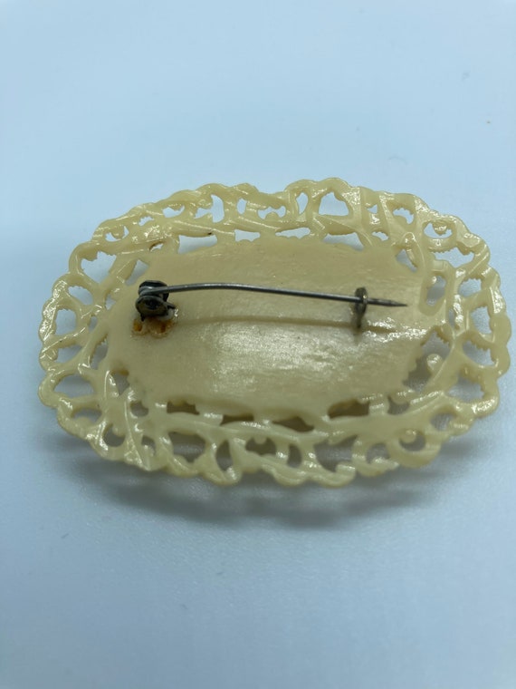 Vintage Carved Ivory Celluloid Floral Brooch - Gem