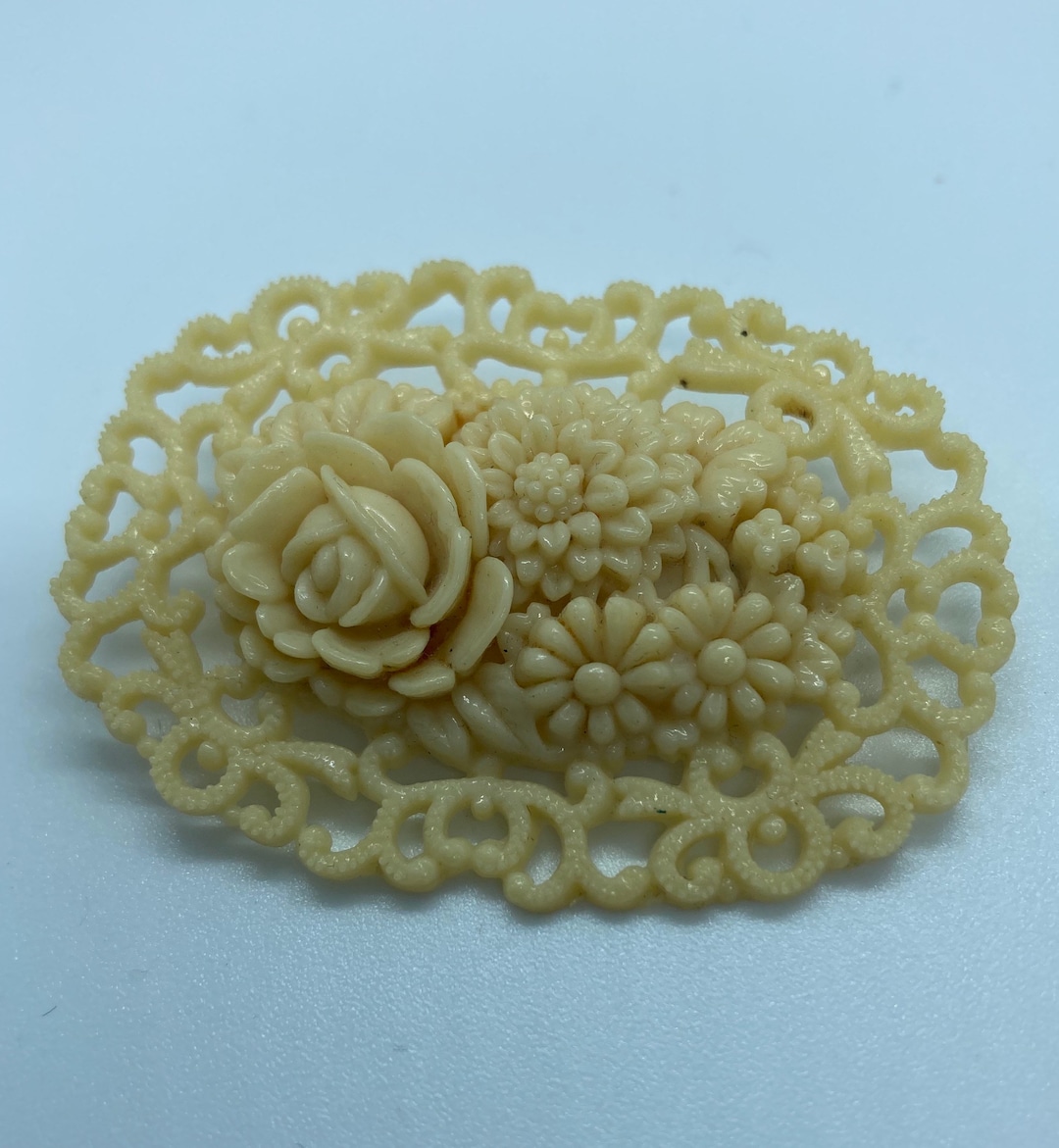 Vintage Carved Ivory Celluloid Floral Brooch - Etsy