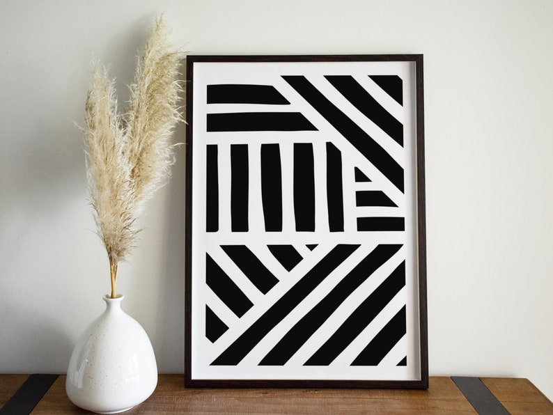 Printable Black and White Abstract Stripe Wall Art | Midcentury Modern ...