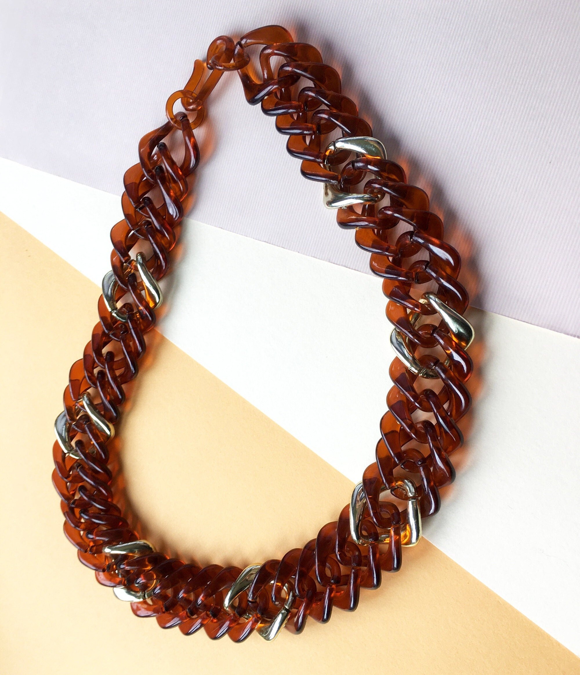 Tortoise Shell Gold Link Chain Necklace Vintage Chunky Lucite Faux ...