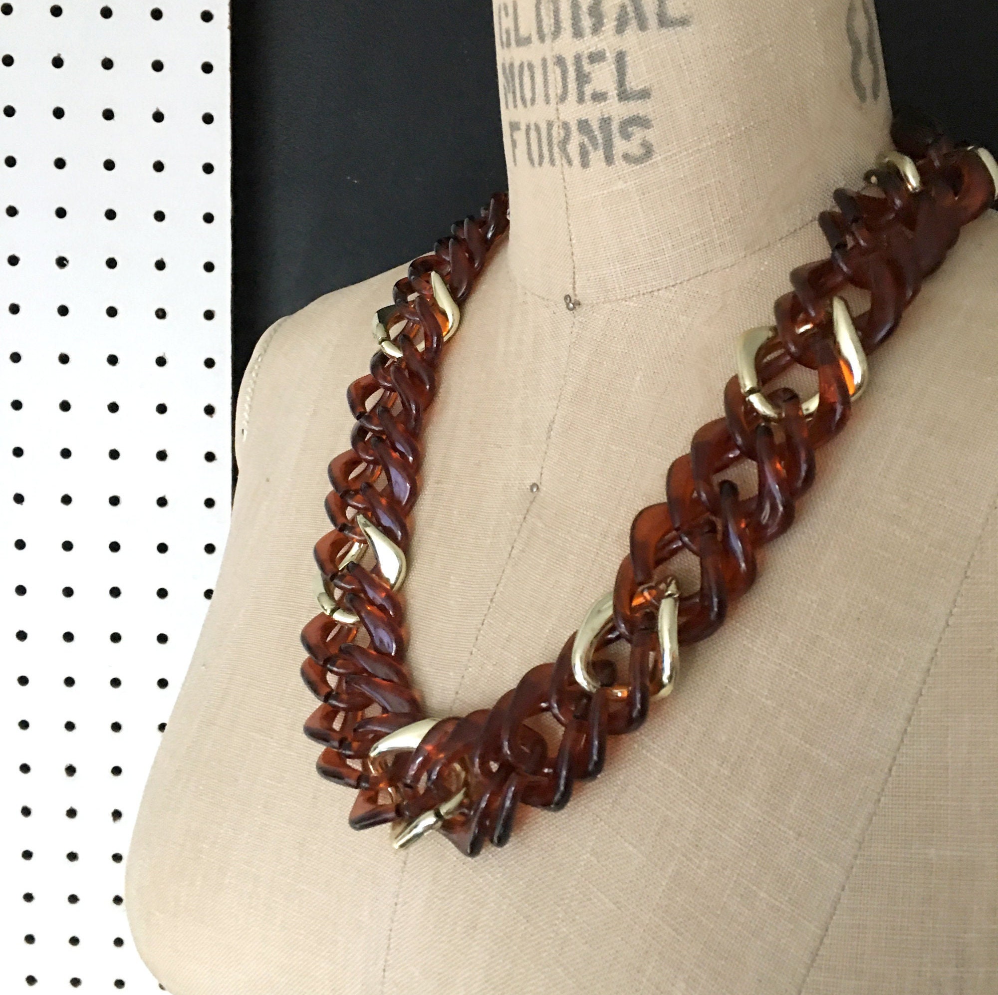 Tortoise Shell Gold Link Chain Necklace Vintage Chunky Lucite Faux ...