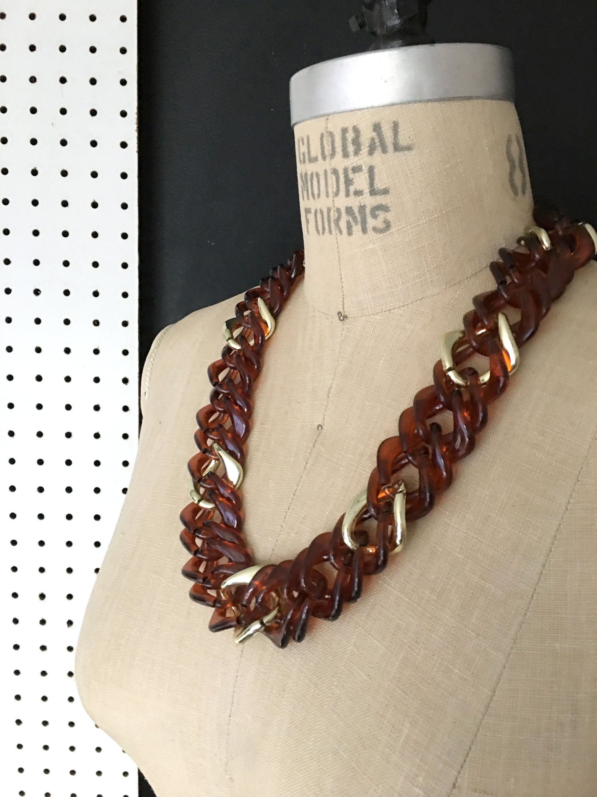 Tortoise Shell Gold Link Chain Necklace Vintage Chunky Lucite Faux ...