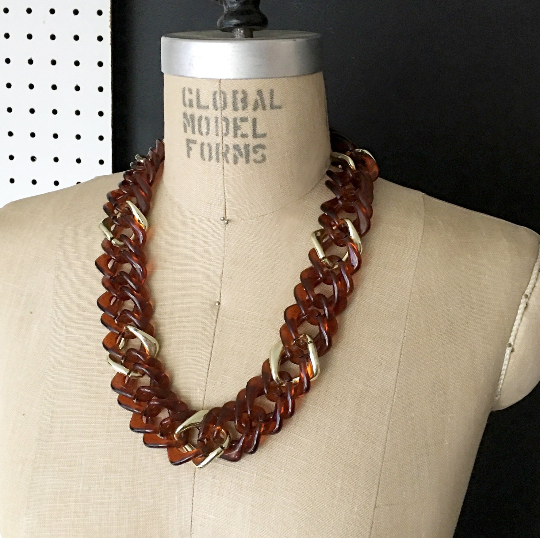 Tortoise Shell Gold Link Chain Necklace Vintage Chunky Lucite Faux ...