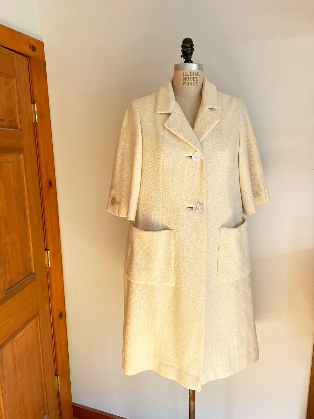 Vintage Tweed Cream Wool Bell Sleeve Coat - Etsy