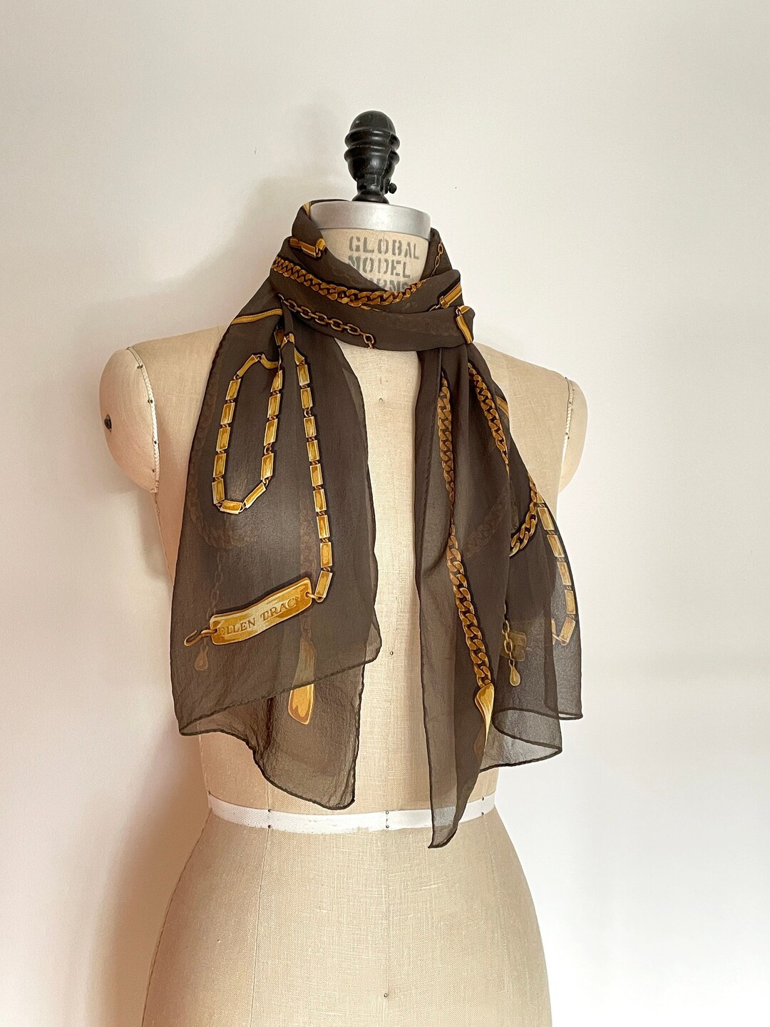 Vintage Ellen Tracy Gold Chain Print Sheer Brown Scarf | Multi Chain ...