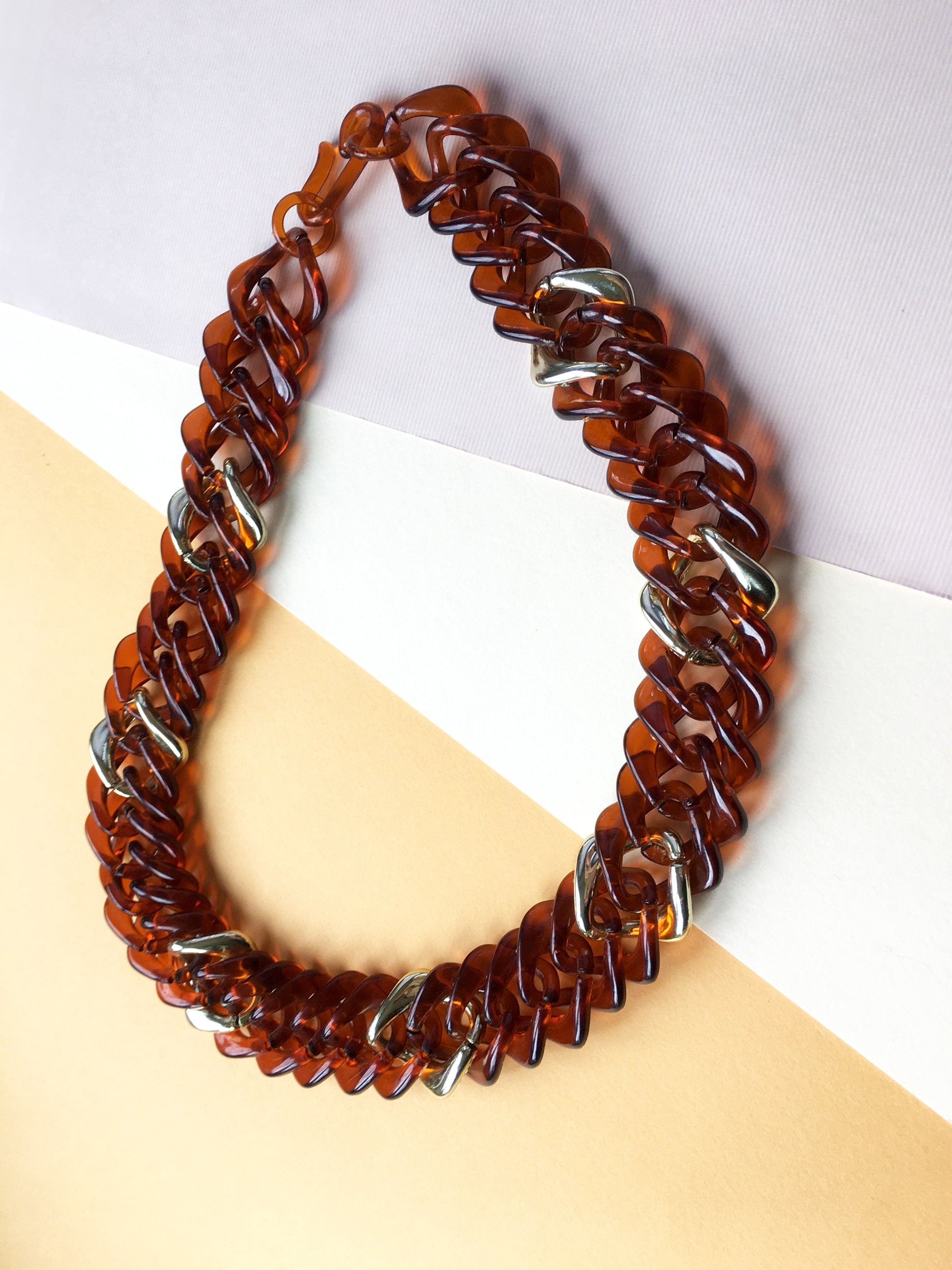 Tortoise Shell Gold Link Chain Necklace Vintage Chunky Lucite Faux ...