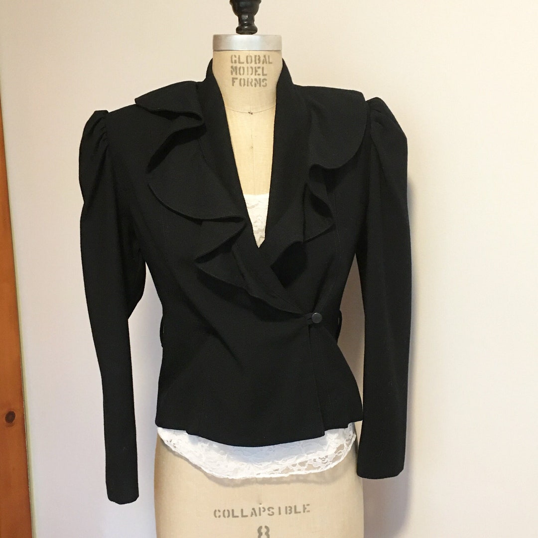 1980's BIS Brand Fitted Jacket | Vintage Black Wool Ruffle Collar Puff ...
