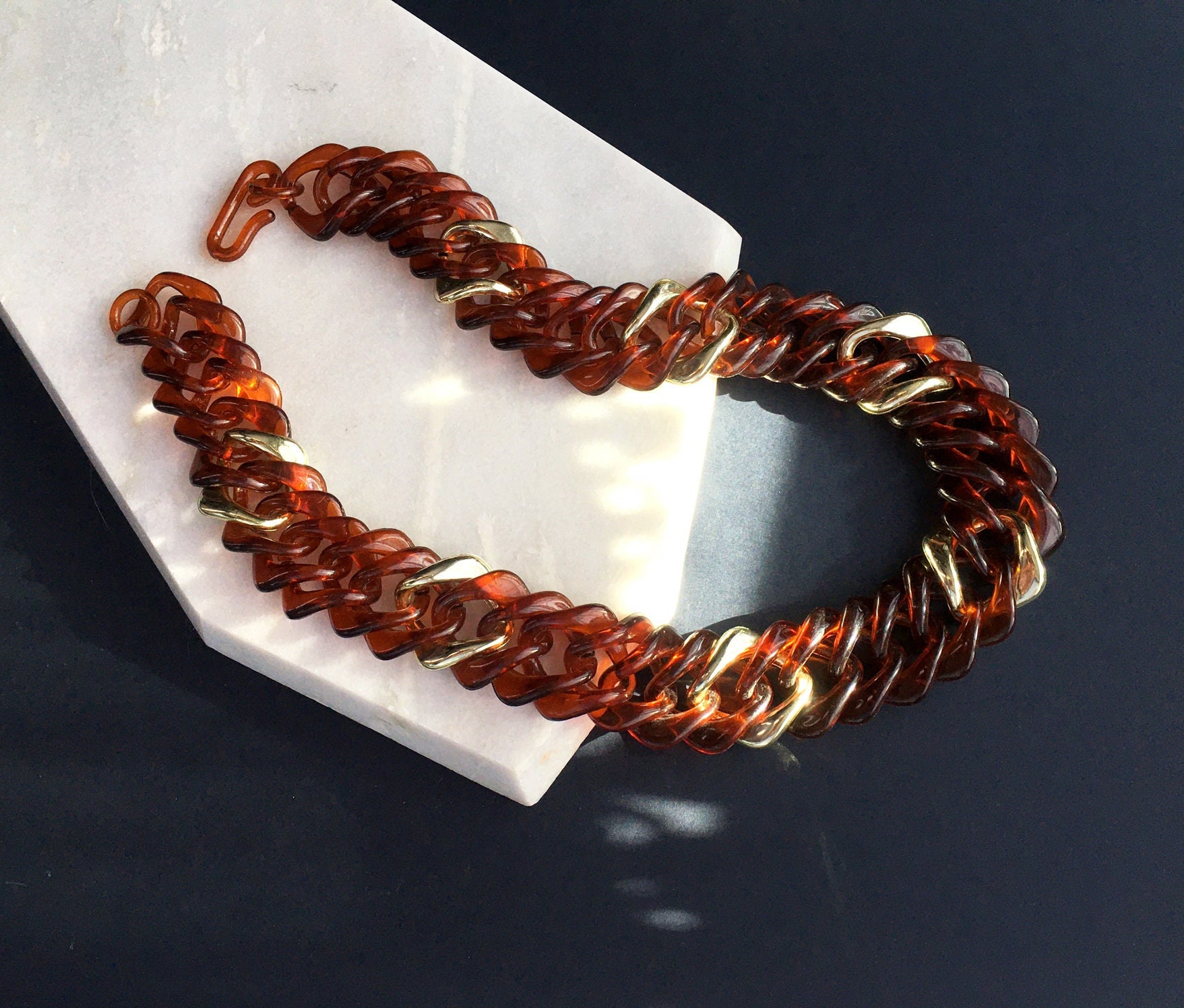Tortoise Shell Gold Link Chain Necklace Vintage Chunky Lucite Faux ...