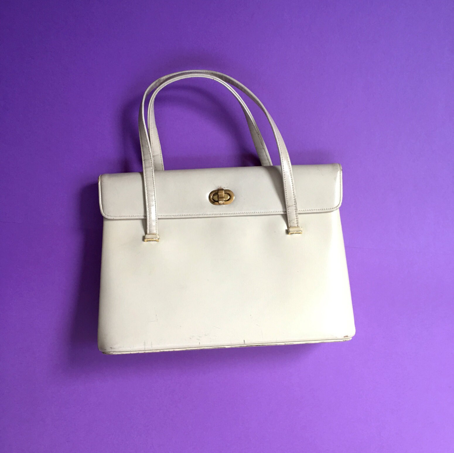 Vintage Off White Short Handle Handbag White leather purse w | Etsy