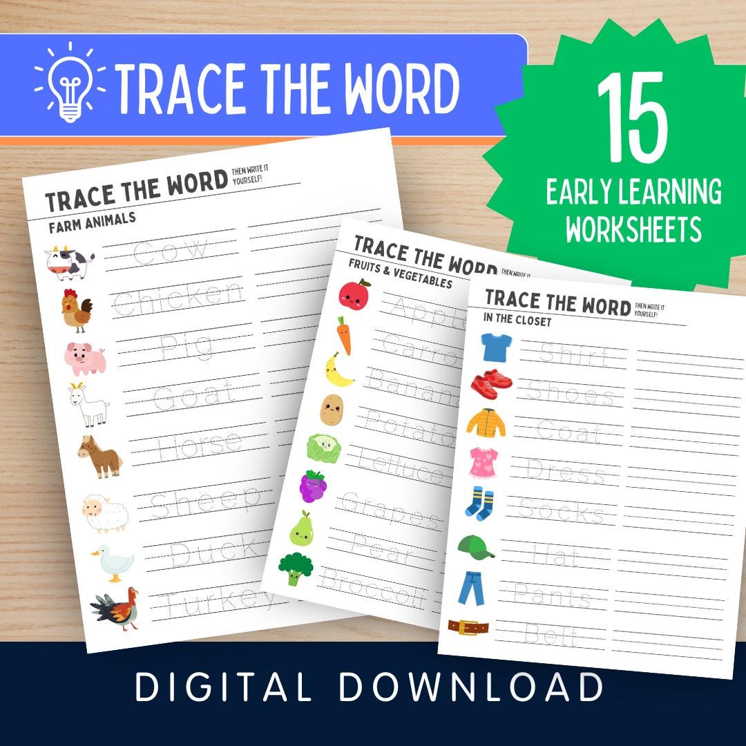 Trace the Word Worksheets for Kids | 15 Printable Handwriting Practice ...