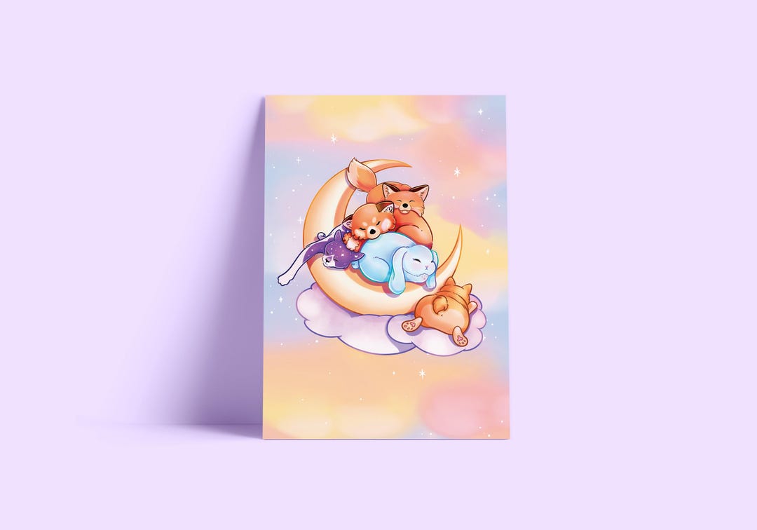 Cuddle Pile Art Print | Cute Fox, Cat, Red Panda, Corgi and Bunny ...